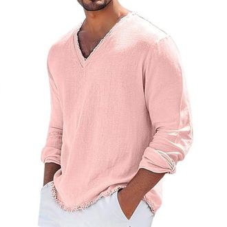 Generic T-shirts pour hommes col en V 3XL, chemise blanche &agrave; manches longues pour hommes chemise d&eacute;t&eacute; ourlet ray&eacute;, t-shirt dentra&icirc;nement respirant en lin surd