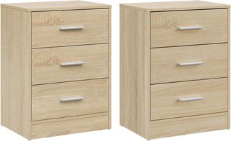 Woltu Nachttisch 2er Set, Nachtschrank mit 3 Schubladen, Beistelltisch Helle Eiche, Nachtkommode, Kommode Schlafzimmer Wohnzimmer, 39x54x28 cm, NTS26hei-2
