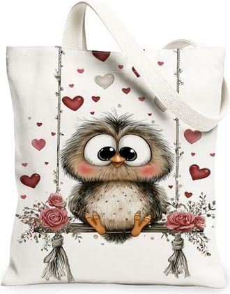 Generic Sacs fourre-tout en toile motif hibou, mignon motif coeur, sacs de courses r&eacute;utilisables, motif floral printanier, toile l&eacute;g&egrave;re et lavable pour les vo