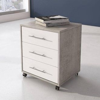 Dmora Aramdietto ArcosdelaF Moderne Kommode mit 3 Schubladen und Rollen, Aramdietto Dokumentenhalter f&uuml;r B&uuml;ro, Nachttisch, 43 x 40 x 57 cm, Beton und Wei&szlig;