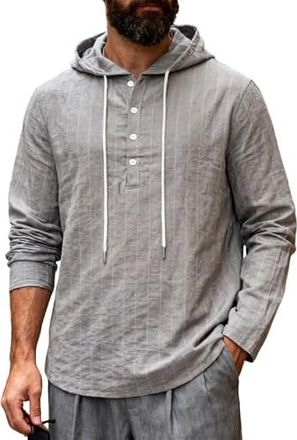 Generic Sweat &agrave; capuche l&eacute;ger en lin pour homme - Quart de bouton ray&eacute; | R&eacute;tro &agrave; manches longues pour la plage et le voyage, gris, XL