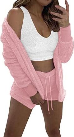 Generic Ensemble de pyjama dhiver pour femme - Pyjama moelleux pour femme, couleur pure, ensemble de vêtements de détente confortables et doux à manches longu