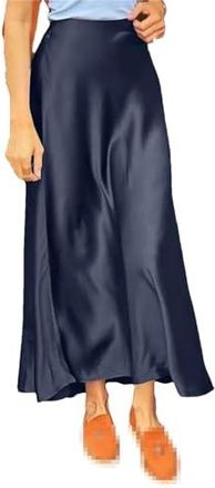 Generic Jupe dautomne en satin de soie avec fermeture éclair pour femme, bleu marine, XXXL