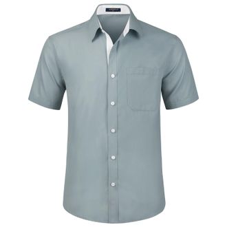 Hisdern Herren Grau Hemd Kurzarm Freizeithemd Businesshemd Herren Kurzarm Hemden Regular Fit B&uuml;gelfreies Herrenhemd mit Brusttasche,4XL
