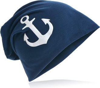 Miobo Jersey Slouch Beanie mit Anker Style, Herren Damen,Einheitsgr&ouml;&szlig;e,weissAnker Dunkelblau