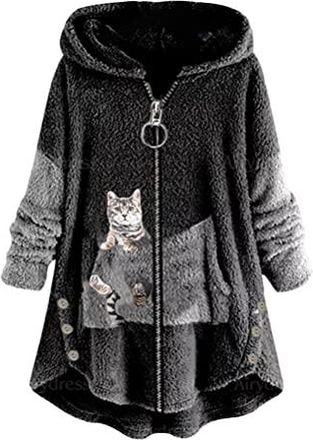 ORANDESIGNE Sweat &agrave; Capuche Femme Chat Pull Polaire Chaude Grande Taille Long Hoodie Sweatshirt Veste Chic Hiver Fourrure Sweat-Shirt Jacket Ample Chandail Pullov