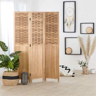 Homestyle4u 2019, Paravent Raumteiler Holz Hell Braun 3 teilig Rattan Optik Trennwand Sichtschutz