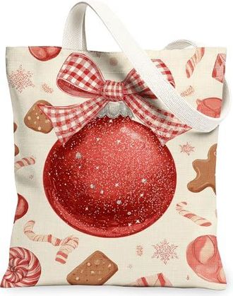 Generic Sacs fourre-tout en toile rouge ornement de No&euml;l vintage, sacs d&eacute;picerie r&eacute;utilisables, l&eacute;gers et lavables avec bandouli&egrave;re, Rouge, 13x15 Inch