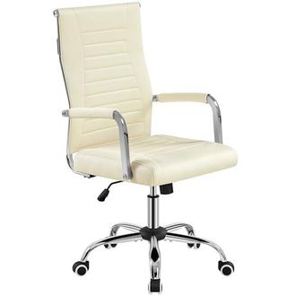 Yaheetech Chaise de Bureau Ergonomique avec Dossier Haut Inclinable en Similicuir de Bureau &agrave; roulettes Hauteur R&eacute;glable Beige