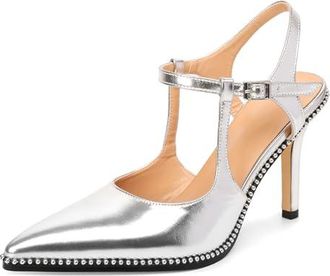 EDEFS Escarpin Pointe Fine Slingback Soir&eacute;e - Talons Hauts 9cm en Cuir Verni Noir avec Strass Femme - Taille Argent EU37