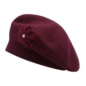 ZLYC B&eacute;ret fran&ccedil;ais pour Femme - B&eacute;ret dhiver d&eacute;cor&eacute; de Fleurs, Couleur Unie Bordeaux, Taille Unique