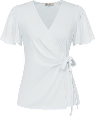 Grace Karin Tunique d&eacute;t&eacute; d&eacute;contract&eacute;e pour femme, manches courtes, col en V, lien &agrave; la taille, blanc, XXL