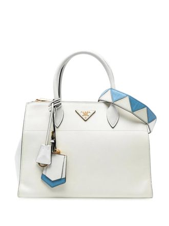 Prada 2013-2025 City Saffiano Greche Paradigme Satchel-Tasche mit Kalbslederbesatz - Weiß