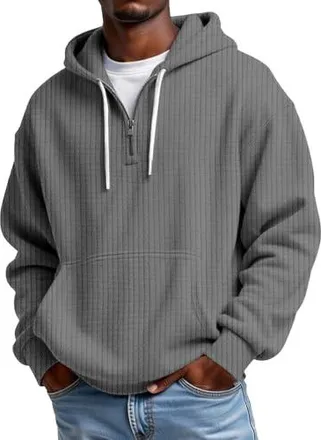 Generic Sweat à capuche gaufré 1/4 pour homme, coupe ample, manches longues avec poche, vêtements dextérieur tendance, vêtements dextérieur confortables, stre