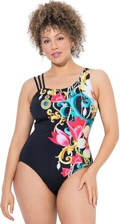Ulla Popken Femme Grandes Tailles Maillot de Bain, imprimé Baroque. Bonnets Souples. Bretelle Triple Noir 44 837373100-42