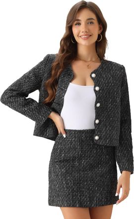 Allegra K Tweed-Blazer-Set f&uuml;r Elegante Damenarbeit, 2-teiliger Blazer-Rock-Anzug Schwarz XS
