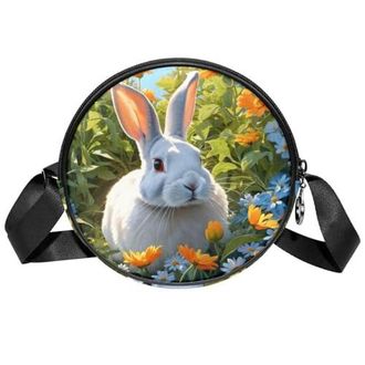 Generic Petit sac &agrave; bandouli&egrave;re circulaire pour femme, motif floral, lapin, sac &agrave; dos &agrave; bandouli&egrave;re avec fermeture &eacute;clair, bretelles r&eacute;glables, sac &agrave; main ron