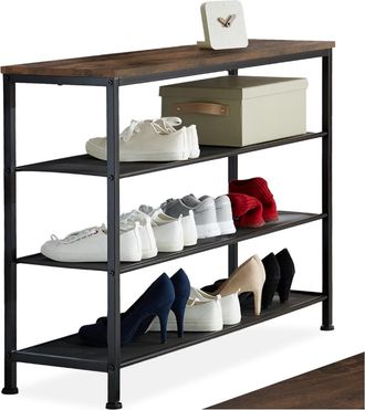 TecTake 800952 Schuhregal schmal mit Ablagefläche, Schuhbank aus Holz Metall, Industrie-Design, 4 Ebenen mit 3 Gitterablagen, 100 x 30,5 x 72,5 cm, schwarzes 