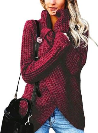 Minetom Femme Chandail &Eacute;l&eacute;gant Col Haut Manche Longue Sweater Blouse Pull Chic Oversized Bouton Jumper Tricots Tops Pullover pour Printemps Automne Hiver Bour