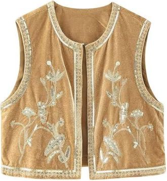 Generico Gilet sans manches vintage pour femme, cardigan brod&eacute; floral, devant ouvert, ombguerri&egrave;re d&eacute;t&eacute;, boh&egrave;me, d&eacute;contract&eacute; pour la rue, 01 Kaki, S