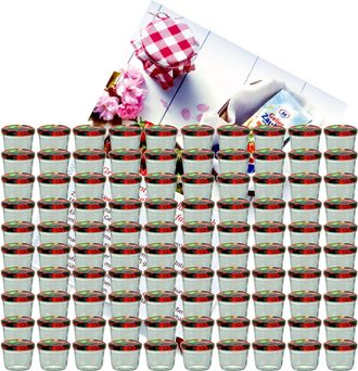 MamboCat 100er Set Sturzglas 230 ml Marmeladenglas Einmachglas Einweckglas To 82 Obst Dekor Deckel incl. Diamant-Zucker Gelierzauber Rezeptheft