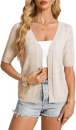 Grace Karin Cardigan l&eacute;ger &agrave; manches courtes pour femme avec boutons et col en V, abricot, S