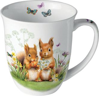 Ambiente Kaffeetasse Tee Becher Mug 0,4l Eichh&ouml;rnchen Wiese Blumen Fine Bone China Porzellan Fr&uuml;hling Sommer Ostern serie little squirrels