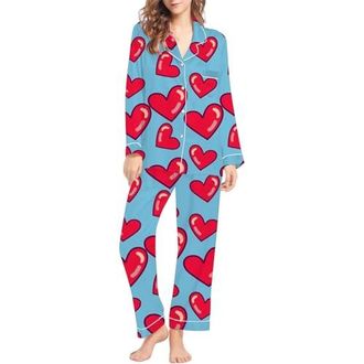 Generic Ensemble de pyjama 2 pi&egrave;ces en satin de soie avec imprim&eacute; coeur, v&ecirc;tements de nuit &agrave; manches longues, col &agrave; revers, chemise boutonn&eacute;e avec pantalon, t
