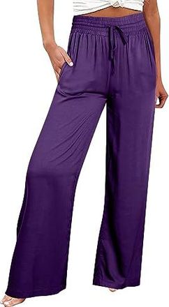 Generic Pantalon Palazzo &agrave; jambe large pour femme - Taille haute - Cordon de serrage - Taille &eacute;lastique - Avec poches - Coupe ample d&eacute;contract&eacute;e - Pour l&eacute;t&eacute;, 