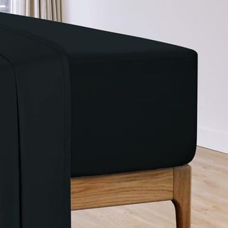 Pizuna Coton Drap Housse 180x200 cm Noire, 100% Coton Longue dur&eacute;e en Percale, Drap-Housse &agrave; Poche Profonde 40 cm (Noire Drap-Housse Coton 2 Personnes)