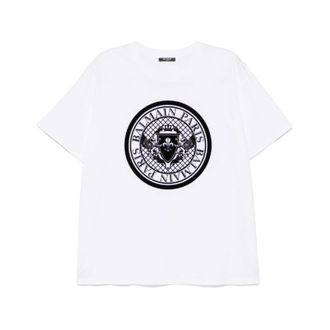 Balmain Homme, Tops, Blanc, Taille: XL T-shirt Monochrome avec Motif de Pi&egrave;ce