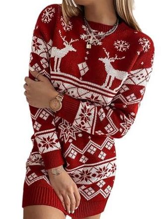 Ever-pretty Robe Pull de Noël Col Rond Robe Tricotée Femme Hiver Noël Cerf Imprimé Cadeau de Noël Chic Bordeaux S