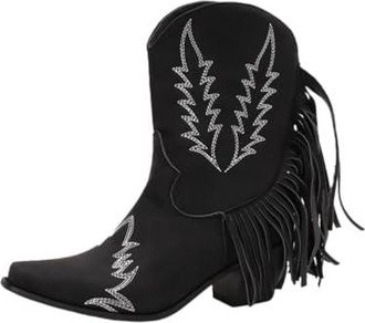 Generic Bottes de Cowboy pour Femmes, Hauteur Genou, Franges, Style Cowgirl rétro, Bout Pointu, à Enfiler, Bloc Western brodé, Mollet Large,Rouge,40 EU