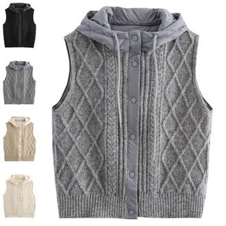 Generic Gilet matelass&eacute; &agrave; capuche en tricot l&eacute;ger et rembourr&eacute; sans manches pour femme, gris, Taille unique