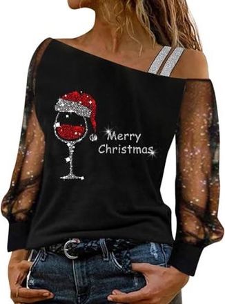 Generic Chemisier Noel Femme Chic Sexy Brillantes Paillettes Haut &Eacute;paules D&eacute;nud&eacute;es Imprim&eacute; Noel T-Shirt Femme Chic Et &eacute;l&eacute;gant Pull &Eacute;l&eacute;gant Blouse Loose Mode M