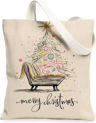 Generic Sacs fourre-tout en toile motif sapin de No&euml;l, sacs d&eacute;picerie lavables, vintage respectueux de lenvironnement en toile, beige, 13x15 Inch