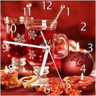 Wallario Design-Wanduhr Heißer Winterpunsch mit Kerzen aus Glas, Motiv-Uhr Größe 20 x 20 cm, weiße Zeiger