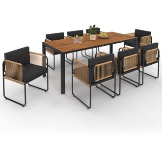 IDMarket Salon de jardin RIO table 190 CM et 8 chaises structure m&eacute;tal noir, cordage effet rotin clair et coussins noirs