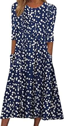 Onsoyours Robe Été Femme Plissée T-Shirt à Manches Courtes Robe Décontracté Casual Midi Dress avec Poches Tunique Chic Col Rond Imprimé Florale Robe de Plage Un