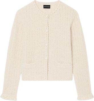 Emporio Armani Femme, Pulls, Blanc, Taille: 38 FR Veste &agrave; Carreaux Avec Franges