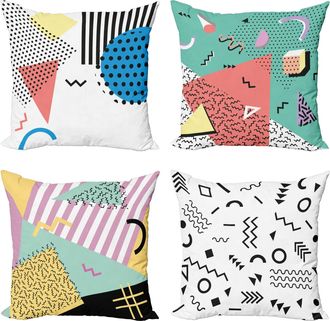 Abakuhaus Memphis Kunst Dekokissen Kissenbezug 4er Pack, Lustiges 90er-Jahre-Motiv Modern Accent Doppelseitiger Digitaldruck, 45 cm x 45 cm, Dunkelgrau und Mult