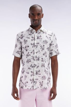 Eden Park Chemise &Agrave; Manches Courtes En Lin &Eacute;cru &Agrave; Imprim&eacute; Floral Gris Coupe Ajust&eacute;e