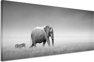 Paul Sinus Art Panorama Fotoleinwand 120x40cm Tierfotografie - Elefant und Zebra auf Leinwand exklusives Wandbild moderne Fotografie f&uuml;r ihre Wand in vielen Gr&ouml;&szlig;en