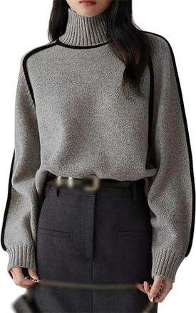 Generic Pull &agrave; col roul&eacute; surdimensionn&eacute; confortable en tricot avec bordure contrast&eacute;e pour lhiver, pull basique tendance pour lautomne, gris, XXL