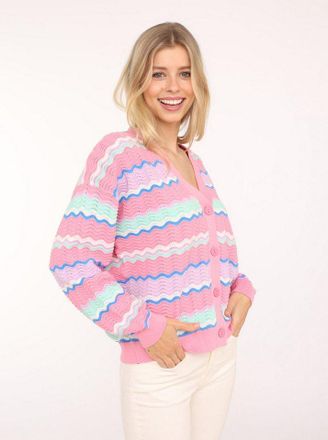 Zwillingsherz Strickjacke Wellen-Muster, Langarm, V-Ausschnitt, Baumwolle, Kn&ouml;pfe