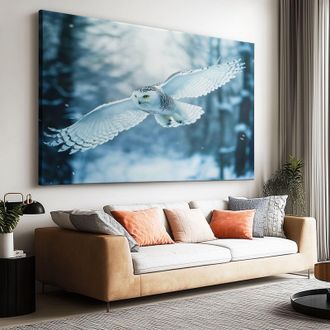 Generic Leinwand Bilder Winter Schneeszene Schnee Eule Tier, 120 x 80 cm Leinwandbilder - Bild auf leinwand - Wandbild XXL gro&szlig; Wandbilder f&uuml;r Wohnzimmer Schl