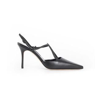 Manolo Blahnik Schwarze Leder Stiletto Heels mit T-Riemen - - Shoes - Damen - Schwarzk - 37 1/2 EU