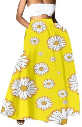 Generic Jupe midi pour femme - Jupe &agrave; imprim&eacute; floral - Taille haute - Avec poche de plage - Jupe trap&egrave;ze 2026, jaune, M