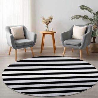 Generic Occasionnel Noir Doux Tapis Rond 100 cm, Lavable Antid&eacute;rapant Poil Ras Carpet, Motif Rayures Horizontales Minimalistes Descente de Lit Chambre Adulte 