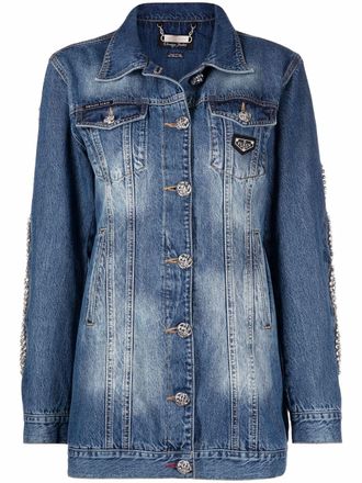 Philipp Plein Jeansjacke mit Kristall-Zopfmuster - Blau